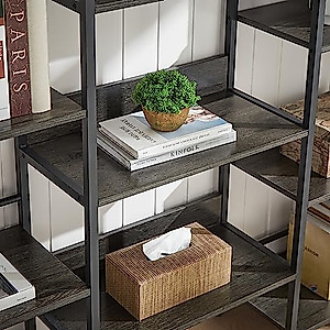 5-Shelf Wide Bookshelves, Industrial Retro Wooden Style Large Open Bookcases, 69.3''L x 11.8''W x 70.1''H, Dark Grey