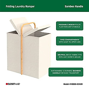 ClosetMaid Laundry Hamper Basket, Foldable with Lid, Two Compartments, Bamboo Handle, Portable, Collapsible Design, Freestanding, Beige