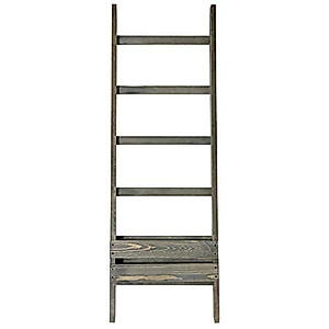 MyGift Vintage Gray Solid Wood Blanket Ladder with 4 Rung and Magazine Holder, Wall Leaning Bathroom Towel Rack with Storage Shelf