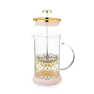 Pinky Up Riley Casablanca Glass Tea Press Pot, Coffee Maker, French Press for Loose Leaf Tea and Coffee, Hot or Iced Beverage Brewer, 34 oz, Pink And Gold