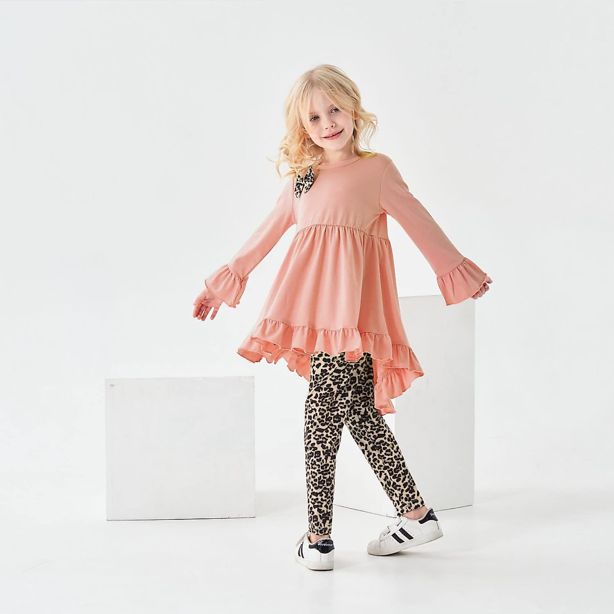 Axumity Kid Girls Clothes Ruffled Long-sleeve High Low Top with Bowknot + Leopard Print Pants 2-piece Winter Spring Girl Outfit Set(8-9t)