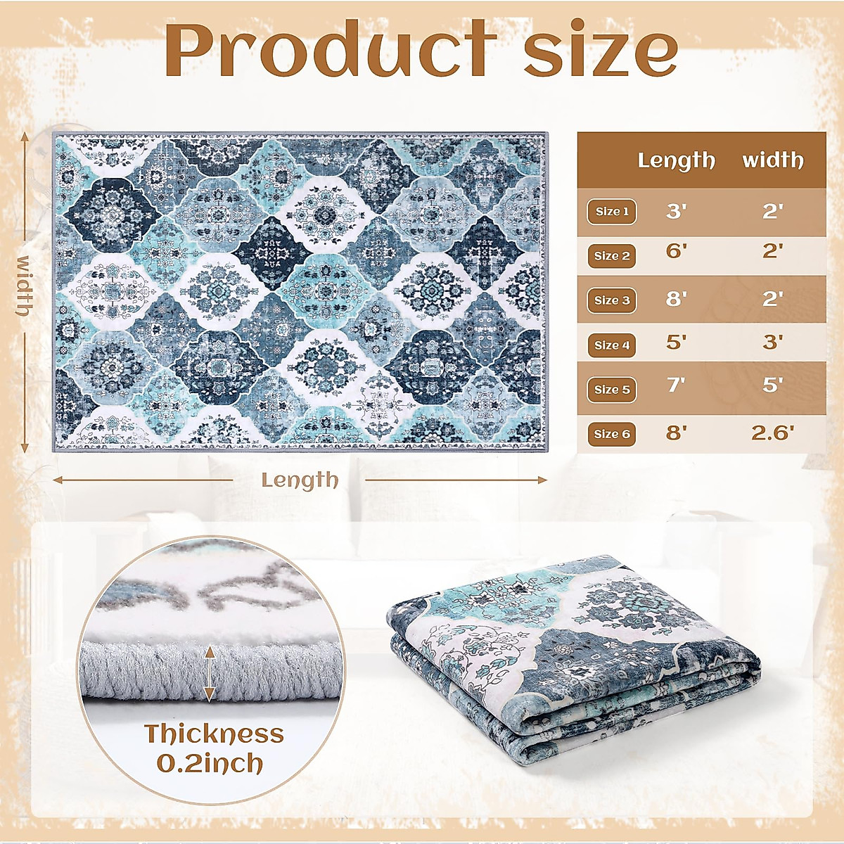 FLYRUGGO Area Rugs, 5x7 Washable Boho Throw Rug Indoor, Moroccan Trellis Bohemian Ultra Soft Large Non-Slip Carpet for Living Room Dining Room Office Bedroom (001-Blue White/Multi, 5x7)