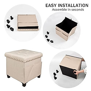 Brakki Storage Ottoman Cube Square Ottoman Foot Rest Cube with Side Pocket,15.7 Inches Storage Bench for Bedroom Living Room Linen Fabric with Wooden Legs Folding Beige Ottoman