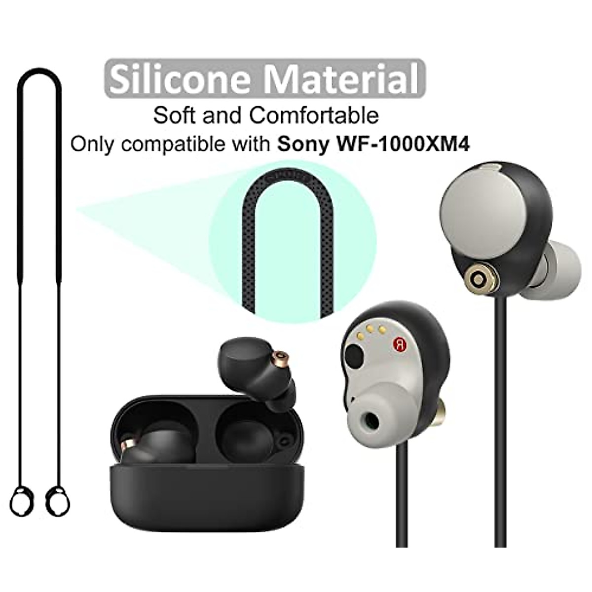 Strap Ear Tips Kit for WF-1000XM4, Anti-Lost Soft Silicone Lanyard Neck Rope Cord Leash Replacement Gel Eartips Earbuds Skin Accessories Compatible with Sony WF-1000XM4 - Black
