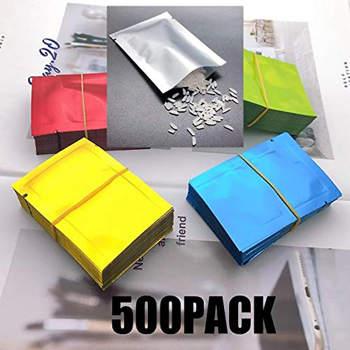 Markeny 500 Pack Aluminum Foil Bags, Matte Sample Pack Flat Open Top Resealable Tear Notch Aluminum Foil Mylar Bags, 5 x 7 cm/ 2x 2.7 inch, 5 Color
