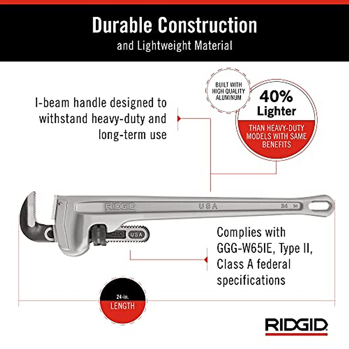 RIDGID 31105 Model 824 Aluminum Straight Pipe Wrench, 24-inch Plumbing Wrench, grey