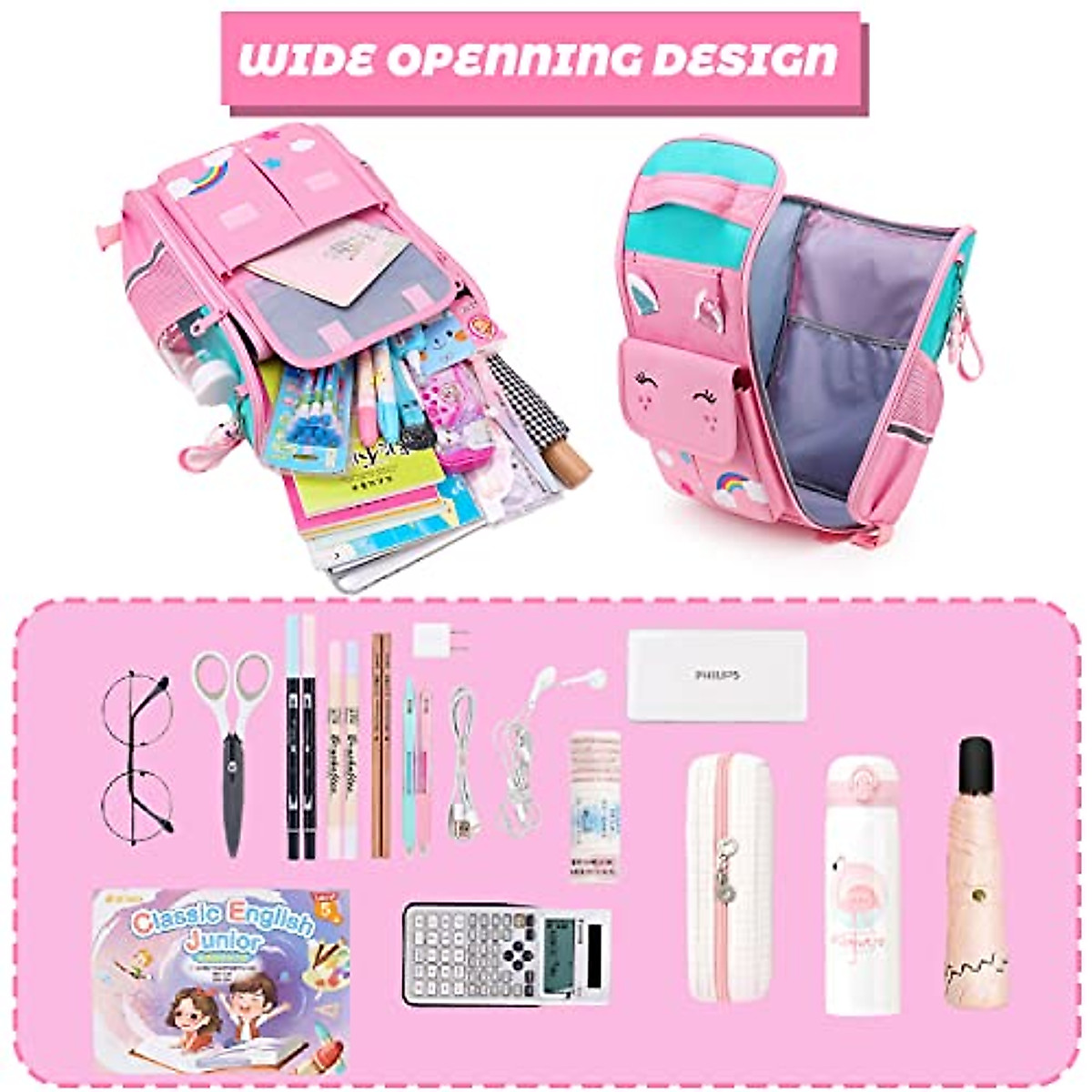 Girls Rolling Backpack with 6 Wheels, 16 Inch Lightweight Roller Backpacks for girls Elementary, Carry-on wheeled backpack for School Travel, 4+ Years Old, Pink