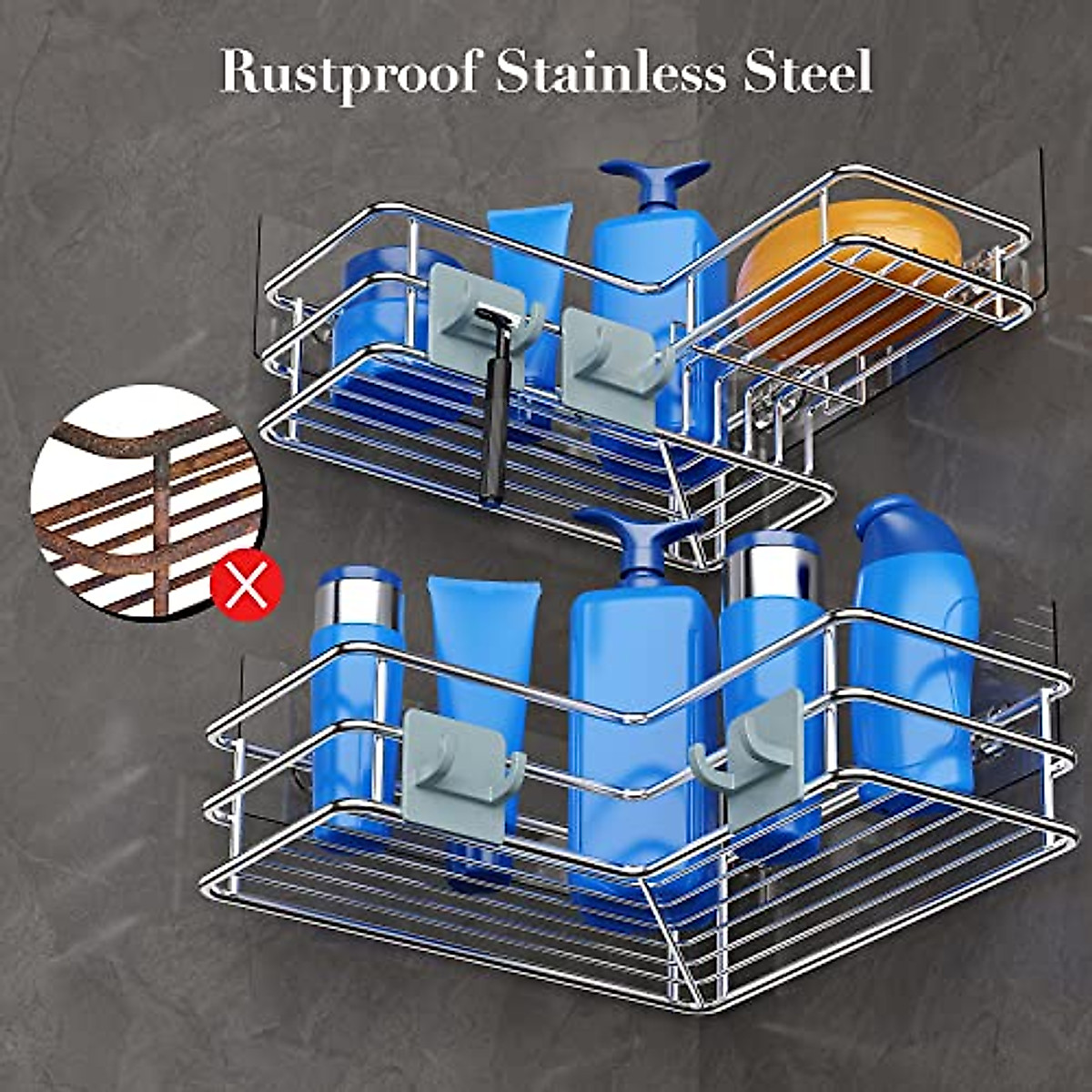 Nieifi 2 Pack Adhesive Corner Shower Caddy with Hooks with Built-In Soap Holder, Rustproof Shower Shelf Organizer Rack Basket for Inside Shower, Bathroom, Kitchen, Black