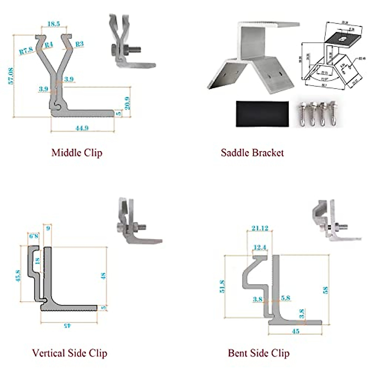 4Pcs Steel Adjustable Tilt Solar Panel Mounting Bracket Fitting Clip Base Coupling Joint Replacement (Middle Clip)