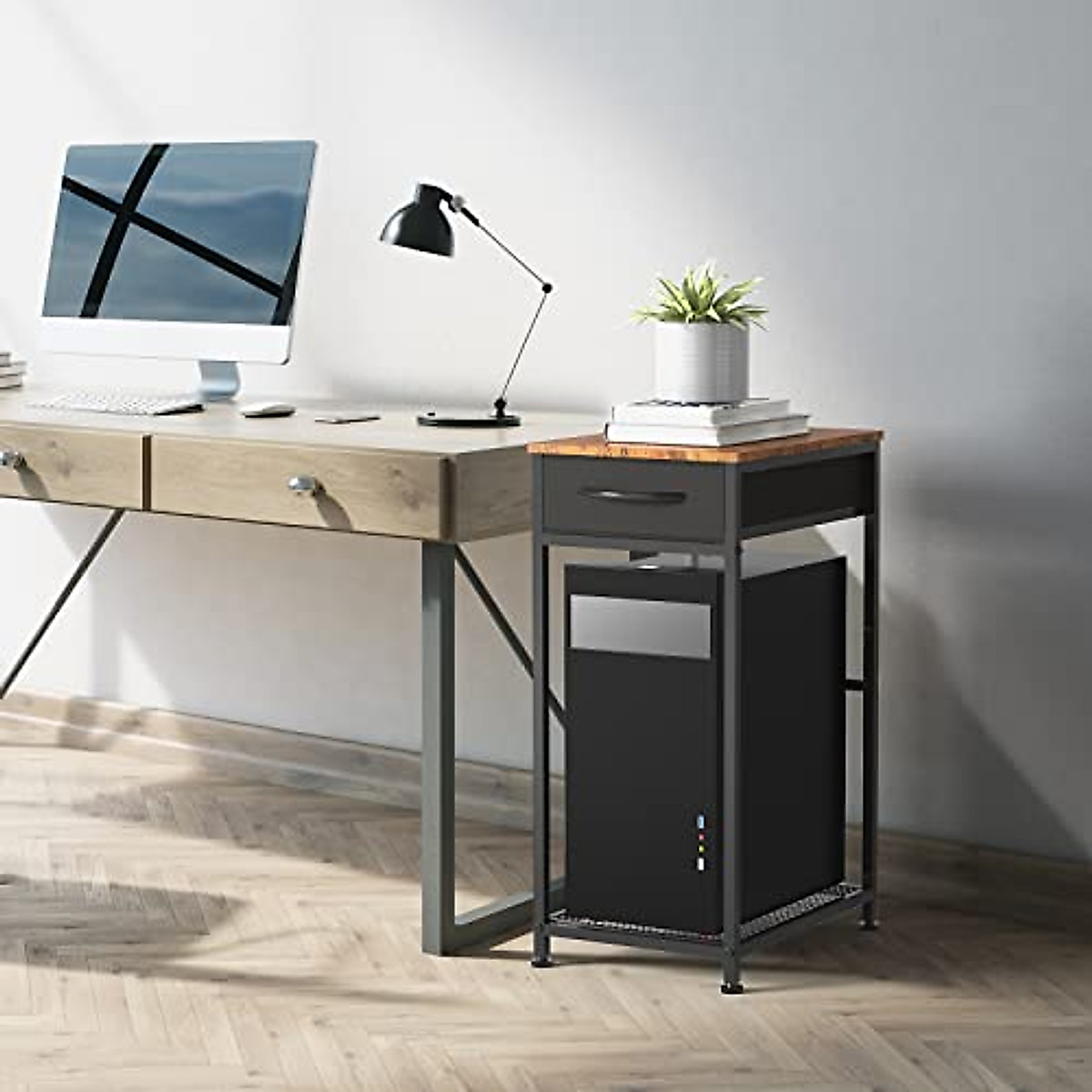 Computer Tower Stand PC Tower Stand with Storage Drawer 2 Tier Wood Rolling CPU Holder Stand Mobile Printer Cart on Wheels for Home Office, Industiral Brown and Black