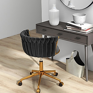 GOOLON Velvet Desk Chair, Modern Office Chair with Wheels, Home Swivel Vanity Armchair with Woven Back Comfy Height Adjustable Seat Sturdy Golden Metal Rolling Base for Makeup Bedroom, Black
