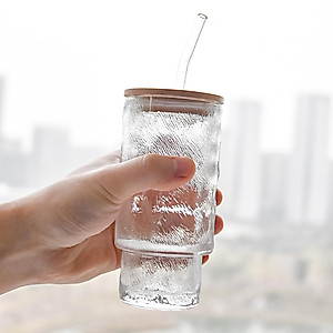 Icesip 4 Pcs 11 oz Drinking Glasses Cups Set with Bamboo Lids Straws Brush Hobnail Drinking Glassware Set for Juice Iced Coffee Beer Cocktail Whiskey