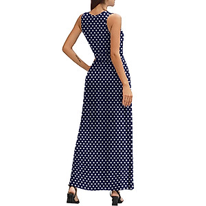 LILBETTER Women Sleeveless Deep V Neck Loose Plain Long Maxi Casual Dress(F Navy Blue Polka Dot,Large)