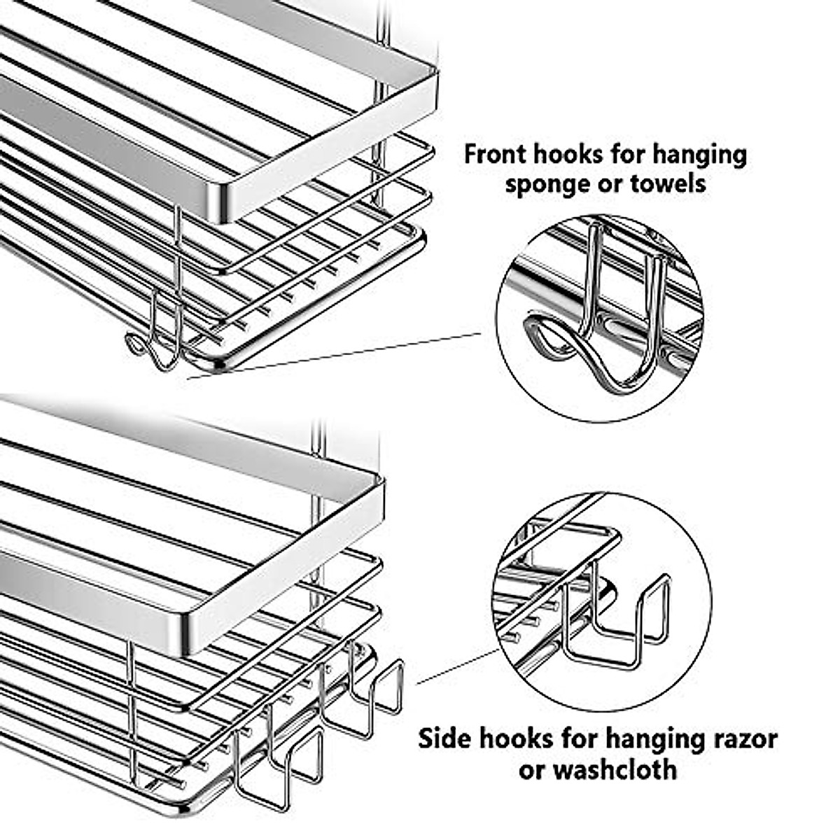 Orimade Shower Caddy with 5 Hooks Organizer for Hanging Razor and Sponge Bathroom Basket Adhesive Shower Shelf Storage Kitchen Rack Wall Mounted No Drilling Rustproof Stainless Steel - 2 Pack