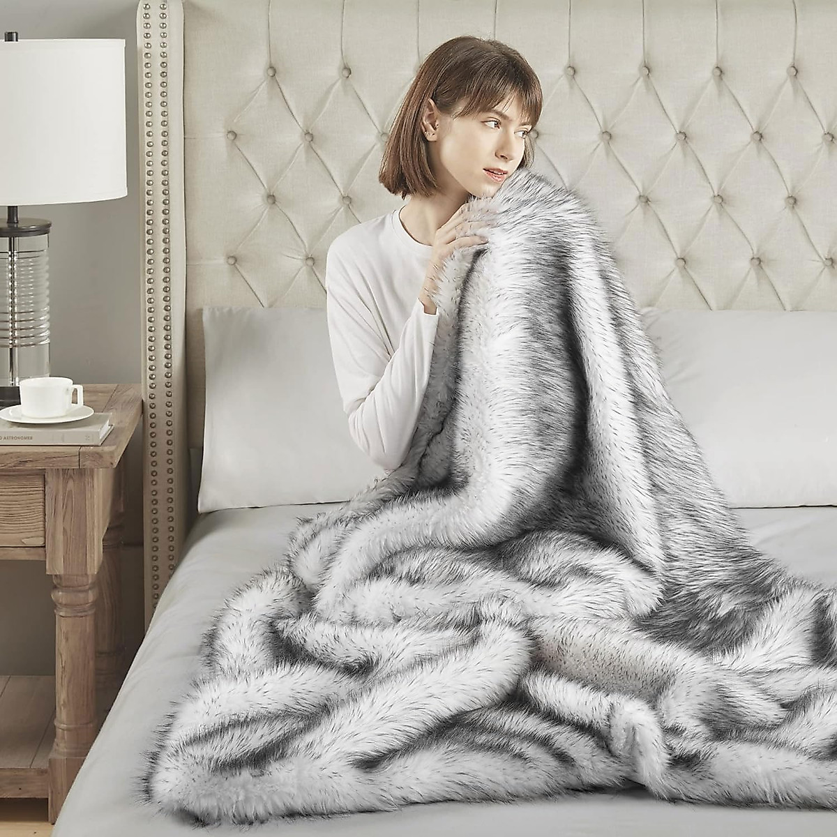 Hyde Lane Long Pile Faux Fur Throw Blanket, Luxury Fluffy with Black Tipped Throws for Home Couch Sofa Decor, Fuzzy Plush Blankets for Women, Direwolf (50x60)