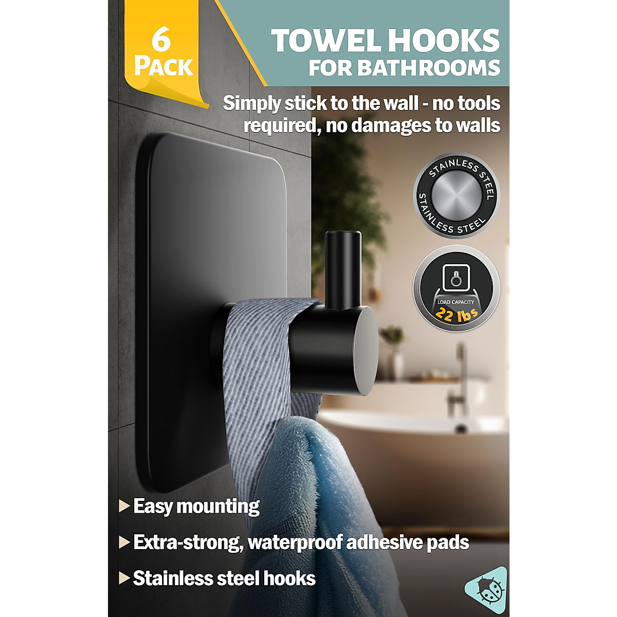 Menz 6-Pack Towel Hooks for bathrooms, Black - Durable Adhesive Hooks, Adhesive Wall Hooks, Adhesive Towel Hooks, Waterproof Stick on Hooks