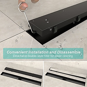 BARONAGE 36-Inch Linear Shower Drain, 2-in-1 Flat & Tile Insert Cover,Brushed SUS 304 Stainless Steel Matte Black Rectangle Shower Floor Drain Adjust
