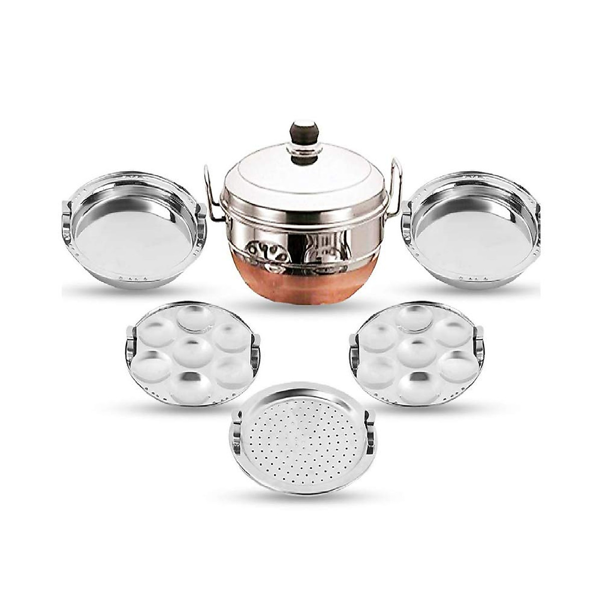 Sophronia Stainless Steel Idli Cooker Multi Kadai Steamer with Copper Bottom All-in-One Big Size 5 Plate 2 Idli | 2 Dhokla | 1 Patra | Momo's | 28.5 cm Dia