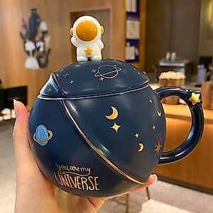 Hwagui Kawaii Astronaut Mug with Lid and Spoon, Handmade Cute Ceramic Cup for Coffee, Tea, Milk, Water, Space Mug Novelty Gift Dark Blue 450ml/15oz