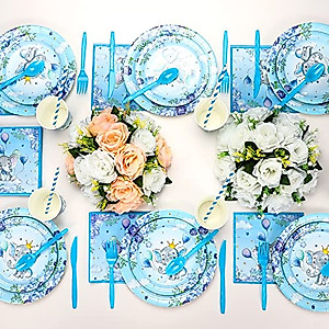 200 Pcs Elephant Baby Shower Party Supplies for 25 Guests Blue Paper Plates Cups Napkins Straws Tableware Sets for Boys Baby Shower Decorations Elephant Theme 1st Birthday Party Favors