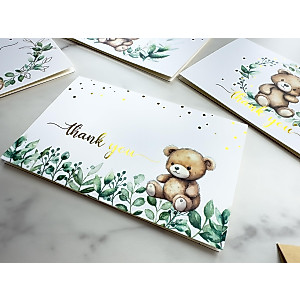 4x6 Greenery Teddy Bear Thank You Cards (Bulk 20-Pack) Baby Shower Thank You Cards with Envelopes, Birthday Party, Weddings, Greeting, Blank Notes, Girl Boy, Gold, Rustic, We can bearly wait