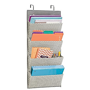 mDesign Soft Fabric Wall Mount/Over Door Hanging Storage Organizer - 4 Large Cascading Pockets - Holds Office Supplies, Planners, File Folders, Notebooks - Chevron Zig-Zag Print - Taupe/Natural