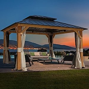 YOLENY 11' x 13' Spruce Wood Gazebo, Outdoor Hardtop Gazebo with Privacy Curtains and Mosquito Netting for Patio, Garden, Backyard, Poolside