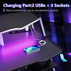 MOTPK Gaming Desk with Power Outlet & LED Lights, Gaming Computer Desk 39inch with PC Storage Shelf, Gaming Table with Carbon Fiber Texture, Gamer Desk, Gift for Boys Men, Black