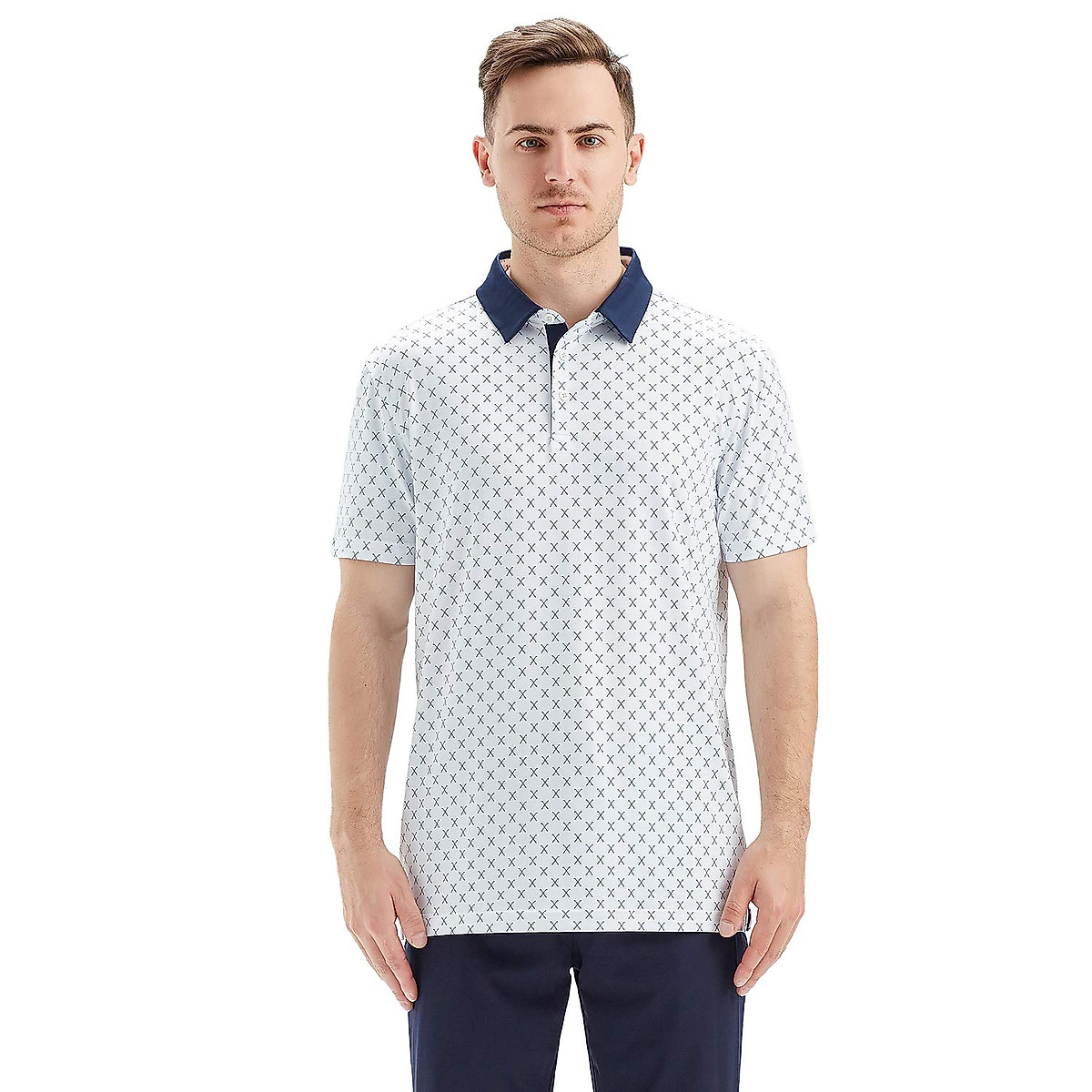 Golf Shirts for Men Dry Fit Short Sleeve Print Performance Moisture Wicking Polo Shirt White