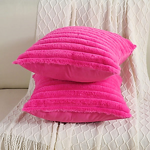 FUTEI Hot Pink Striped Decorative Throw Pillow Covers 18x18 Inch Set of 2,Square Spring Decorations Couch Pillow Case,Soft Cozy Faux Rabbit Fur & Velvet Back,Modern Home Decor for Bed