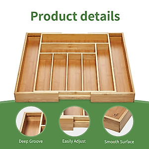 W WOODSUN Bamboo Kitchen Drawer Organizer, Utensil Tray Drawer Organizer, Expandable Flatware Organizer with Divider, Fit for Kitchen Bedroom Clothroom Readroom