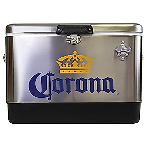 Corona Ice Chest Beverage Cooler with Bottle Opener, 51L (54 qt), 85 Can stainless steel Portable Cooler, Silver and Black, for Camping, Beach, RV, BBQs, Tailgating, Fishing