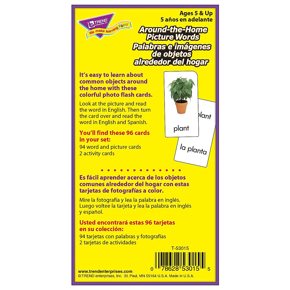Trend Enterprises: Bilingual Around-The-Home Picture Words Skill Drill Flash Cards, Photos & Words, Exciting Way for All to Learn English and Espanol, 96 Cards Included, Ages 5 and Up