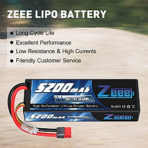 Zeee 2S Lipo Battery 5200mAh 7.4V 50C Deans T Plug with Housing Hard Case Battery for 1/8 1/10 RC Vehicles Car Slash RC Buggy Truggy RC Truck Racing Hobby(2 Pack)