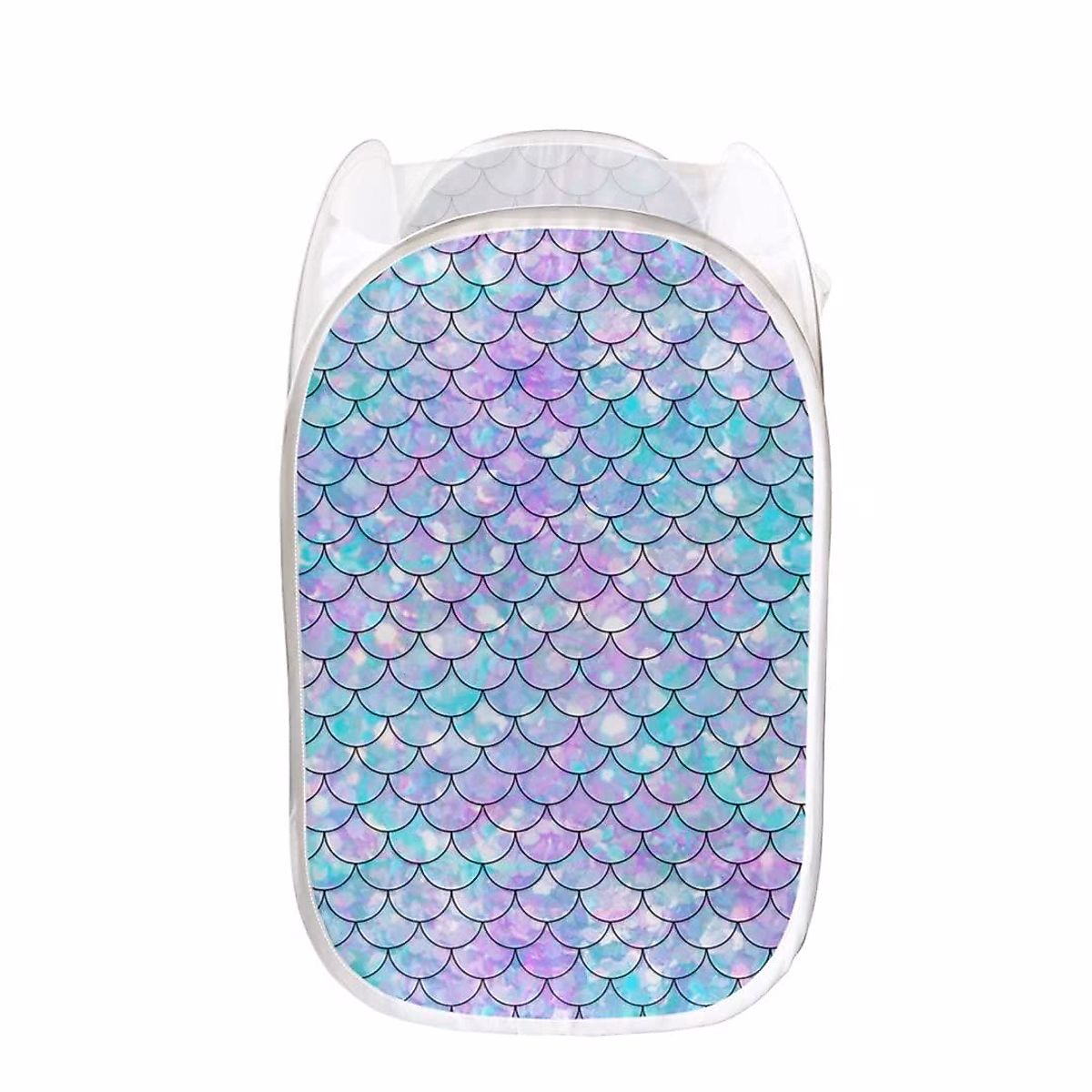 GOSTONG Foldable Mesh Pop Up Laundry Hamper,Durable Collapsible Laundry Basket Portable Clothes Washing Laundry Hamper with Side Pocket,Bling Mermaid Print