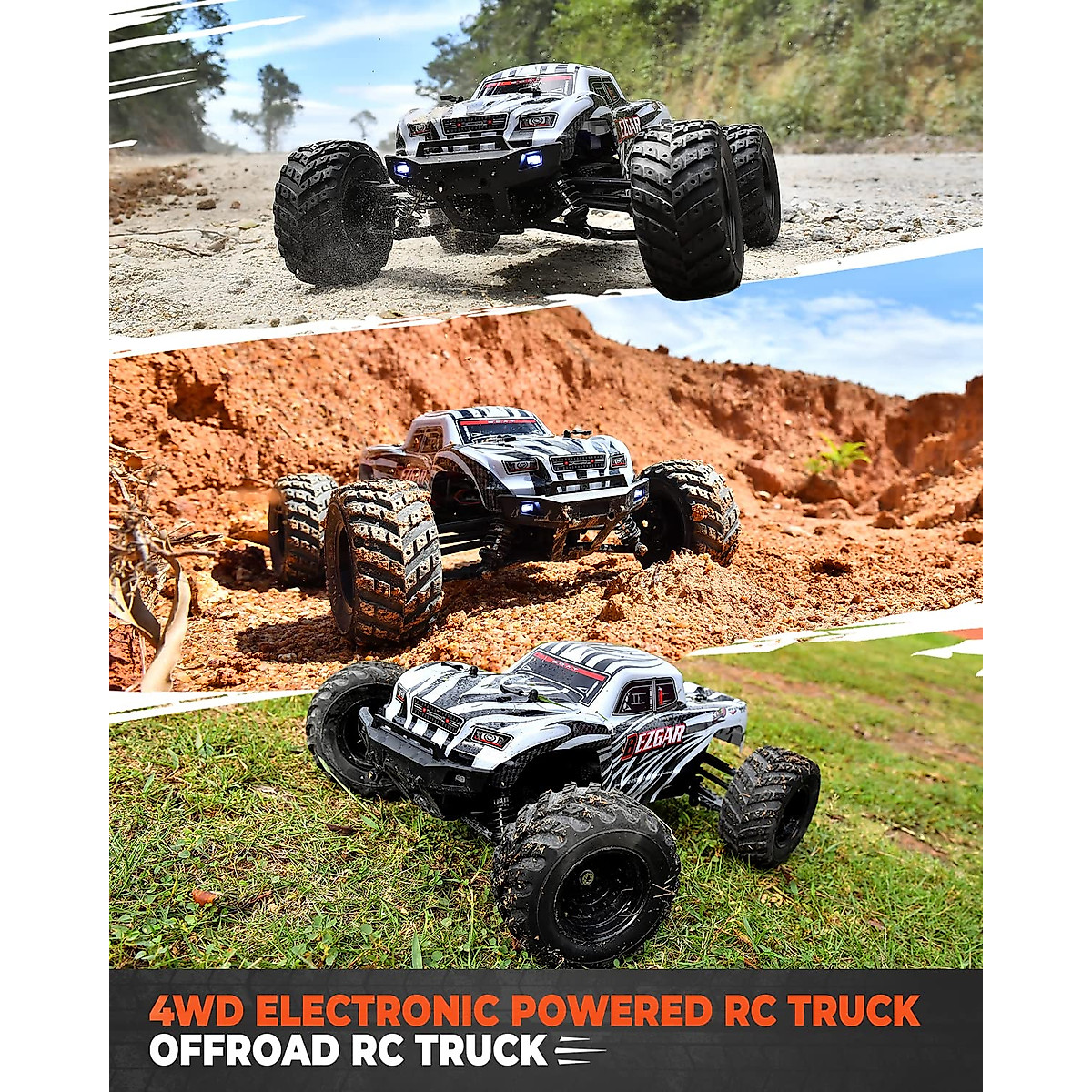 BEZGAR HM121 1:12 Scale RC Truck - 4x4 Offroad Waterproof High Speed 45+ KM/H Remote Control Truck for All Terrains, 2.4Ghz 4WD Fast RC Cars for Adults and Kids Boys with 2 Rechargebale Batteries