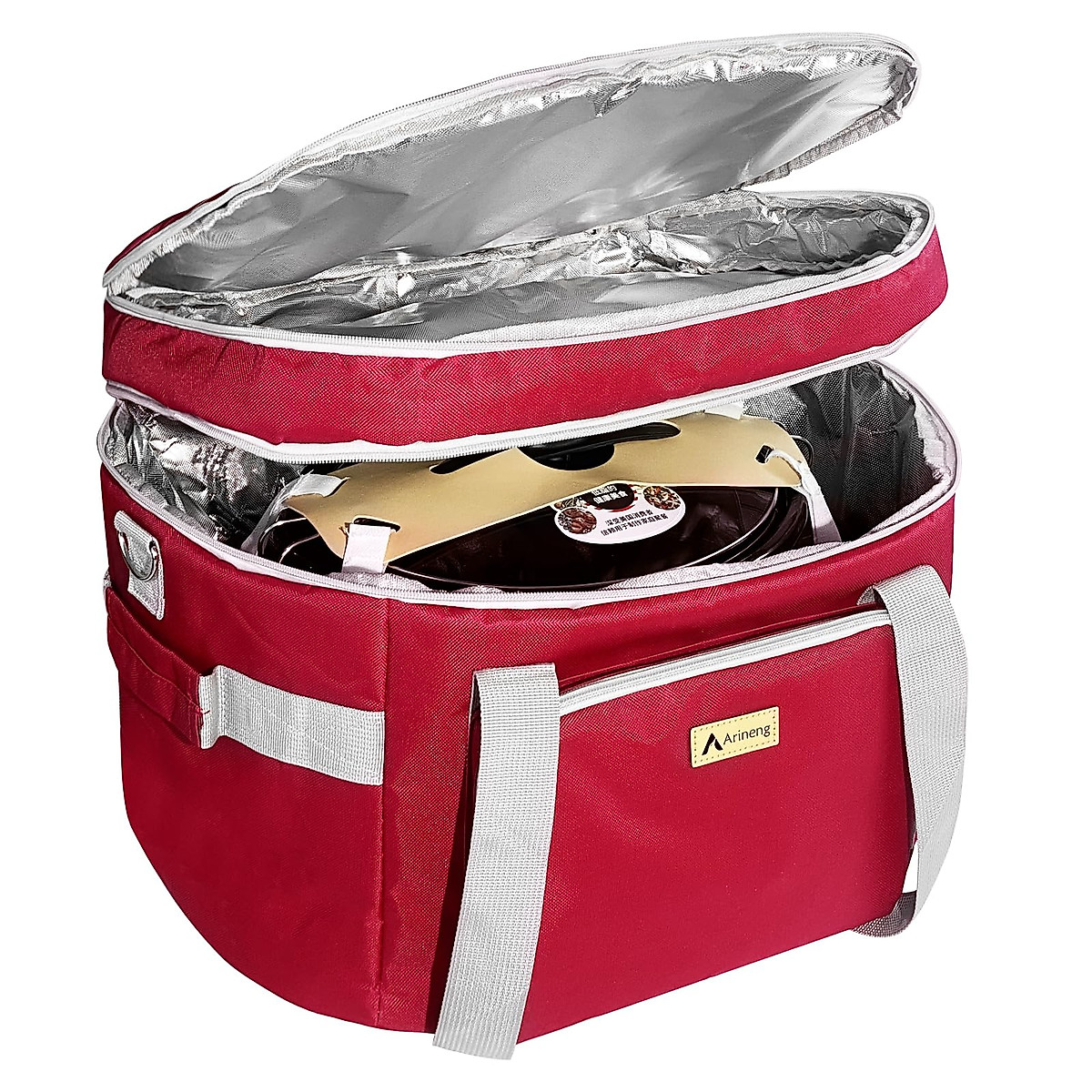 Arineng Double Layer Slow Cooker Bags for 5-8 Quart Crock Pots - Insulated Travel Carrier with Fixators, Base Pad, and Shoulder Strap - Suitable for Small and Large Slow Cookers (rose red)