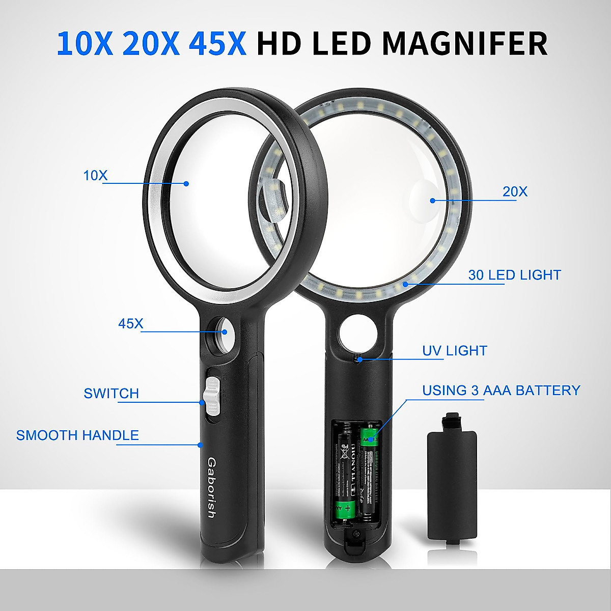 Magnifying Glass with 30 LED Lights, 10X 20X 45X Handheld Illuminated Lighted Magnifier with 1UV Light for Seniors Reading, Inspection, Coins, Jewelry, Exploring Light Magnifying Glass