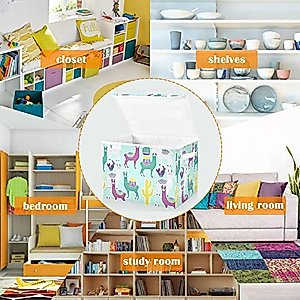 CaTaKu Llama Alpaca Green Storage Bins with Lids Fabric Large Storage Container Cube Basket with Handle Decorative Storage Boxes for Organizing Clothes Shelves