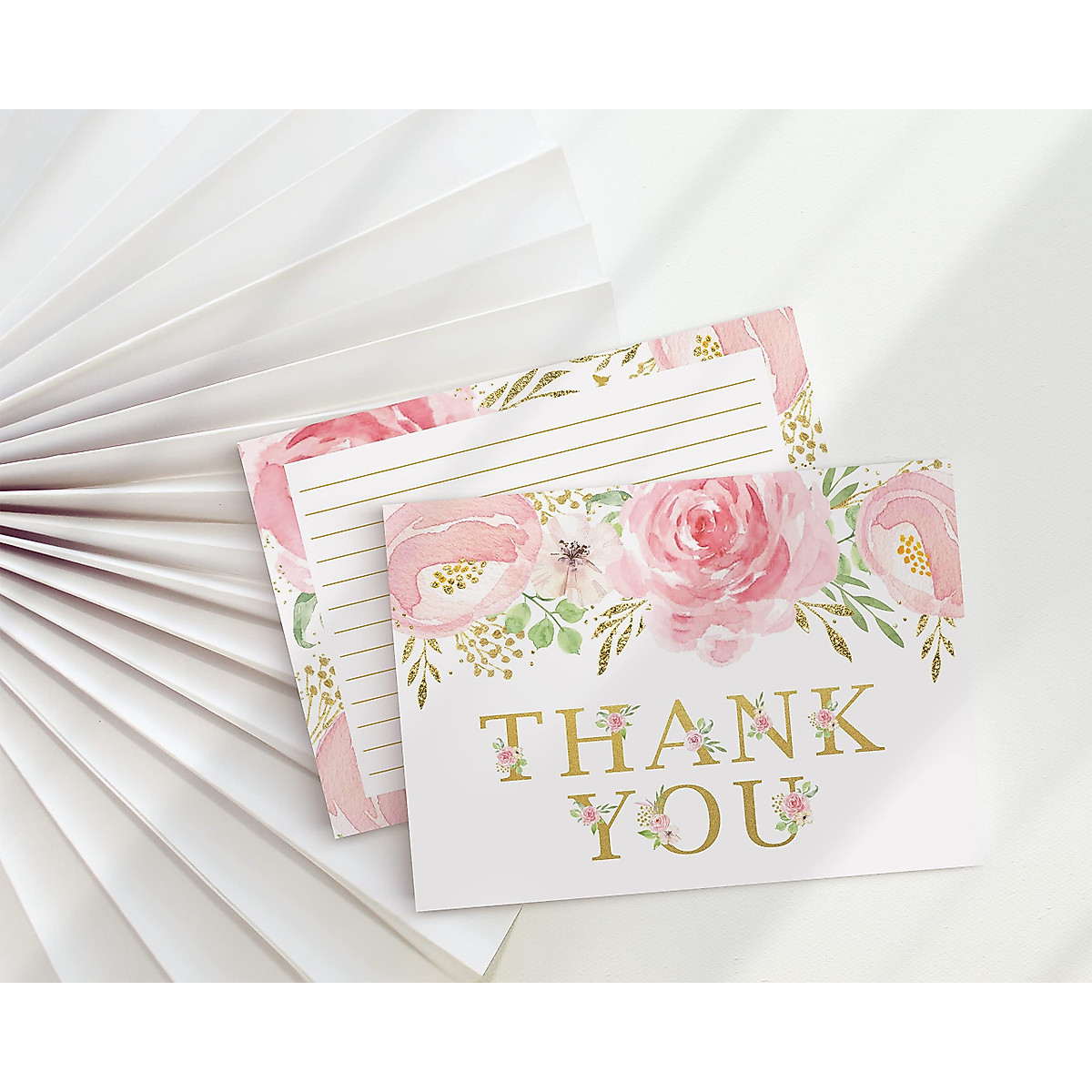 Pink and Gold Floral Thank You Cards, Great for Baby Wedding Bridal Shower, Birthday, Baptism, Any Occasion, 50 Thank You Cards and Envelopes