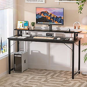 Hyomdeck Computer Desk with USB Power Outlets and LED Lights, 47 inch Gaming Desk with Monitor Stand for Small Space Home Office, Modern Simple Study Writing Table PC Desks, Black