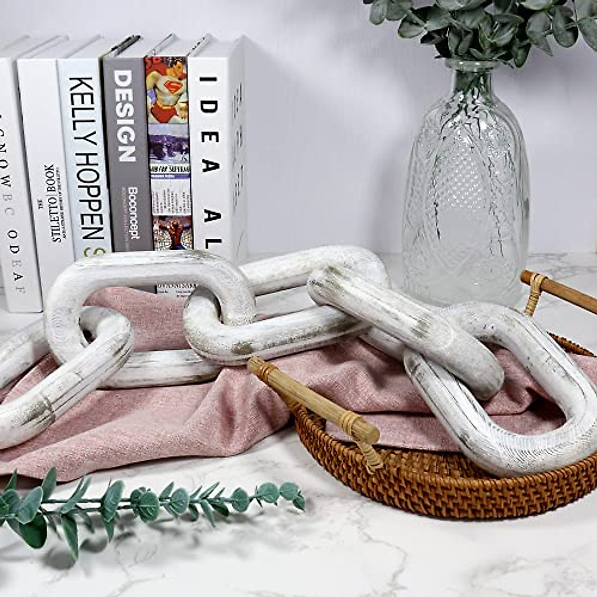 Sivya Decorative Wood Chain Link Decor, Rustic Wood Link Farmhouse Decor for Farmhouse Tiered Tray Farmhouse Wall Decor (Whitewash, 21.65in/Chain)