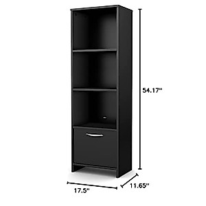 South Shore Narrow 3-Shelf Storage Bookcase with Door, Black, Pure