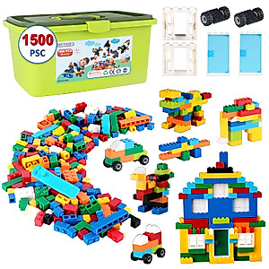 BRUVISH Building Bricks 1500 Pieces, Basic Classic Building Blocks Random Colors, 8 Shapes, 1500Pcs Bulk Building Bricks for Kids Age 6+, with Storage Box, Compatible to All Major Brands