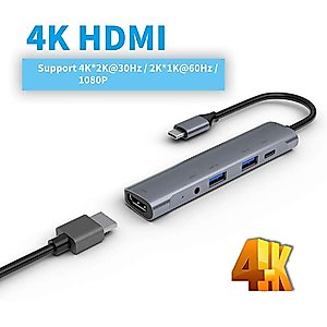 USB C HUB, 5 in 1 Type C Port Adapter with HDMI 4K, 3.5mm Audio Output, USB 3.0, USB 2.0, USB-C PD Charging, Type-C Docking Station for MacBook pro, iPad, Nintendo