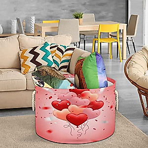 Red Valentines Day Love Heart (18) Large Round Baskets for Storage Laundry Baskets with Handles Blanket Storage Basket for Bathroom Shelves Bins for Organizing Nursery Hamper Girl Boy