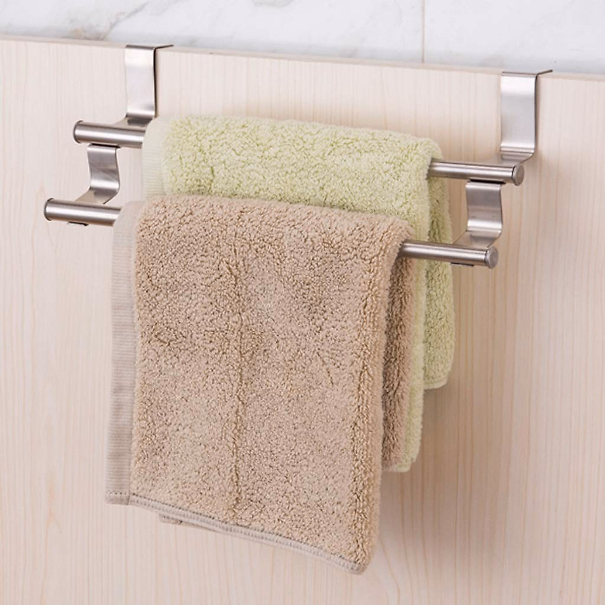 INDYAH Towel Racks，Double Tea Towel Holder for Hanging Over The Kitchen Cupboard Door - Towel Rack - No Drilling Necessary - Also Suitable As a Bath Towel Holder
