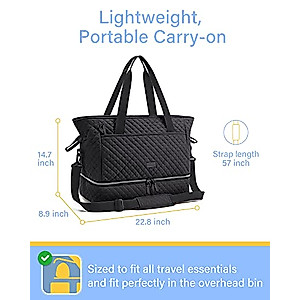 Weekender Overnight Bag, BAGSMART 39L Large Travel Duffle Bag for Women, Soft Quilted Cotton Sports Gym Bag with Shoe Compartment, Crossbody Carry-on Bag with Multiple Pockets, Machine Washable(Black)