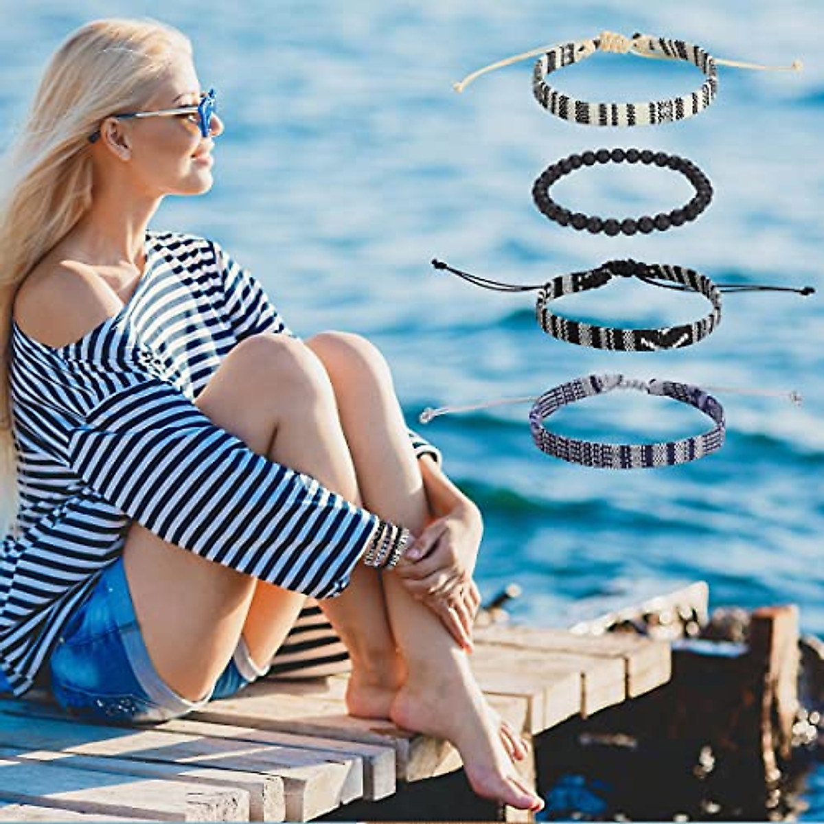 4pcs Beach Bracelet Set for Men and Women, Surfer Men Bracelet, Braided Boho Summer Bracelets Adjustable Men’s Bracelet Handmade Women Girls Bracelet String Rope Ankle Bracelets Gifts Birthday Gift