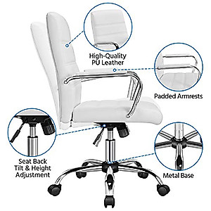Yaheetech Mid-Back Office Chair with Arms 360° Swivel PU Leather Height Adjustable Office Executive Chair, White